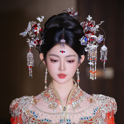 古风新娘发饰清冷感红银秀禾手工造液花蜻蜓流苏眉心坠发饰品新款