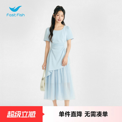 快鱼简约韩系通勤长裙连衣裙