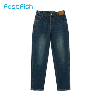 快鱼2025年冬季女新款经典半松紧锥形牛仔裤休闲风牛仔裤子