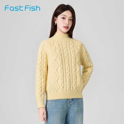 快鱼2025年冬季新款女士绞花针织毛衣宽松版保暖舒适圆领百搭时尚