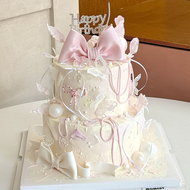 女生氛围感生日蛋糕丝带蝴蝶翻糖蝴蝶结装饰HBD插件烘焙装扮用品