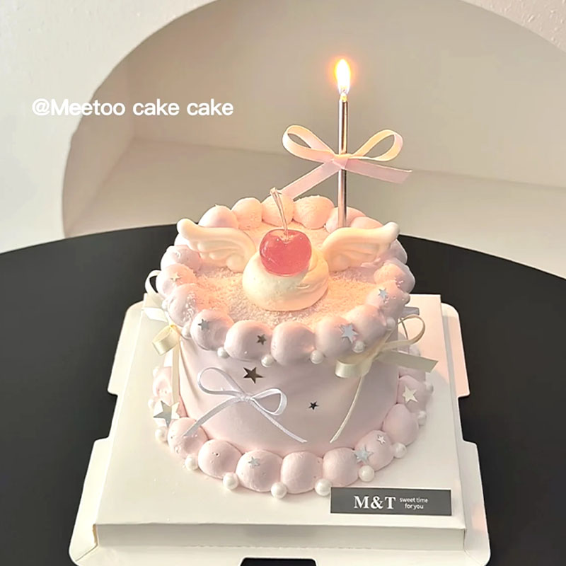 韩系简约生日蛋糕丝带蜡烛摆件装饰女生天使翅膀模具烘焙用品摆件