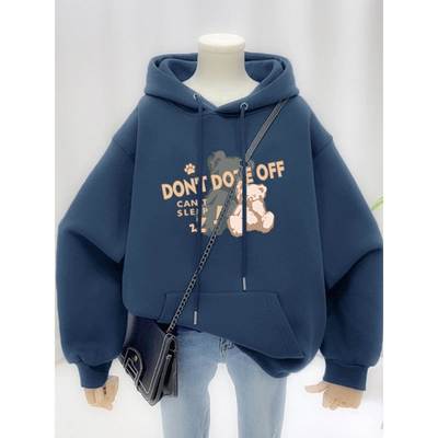 韩系美式覆古小熊卫衣女2025秋冬大码潮加绒加厚oversize连帽外套