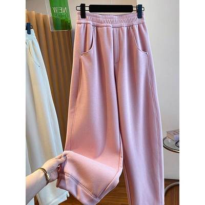 162cm以上穿粉色宽松直筒加厚薄绒卫裤女高个子休闲香蕉裤运动裤