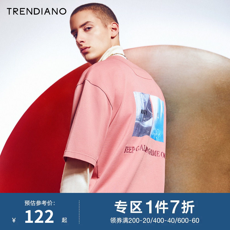 TRENDIANO潮牌夏季男装圆领短袖纯棉T恤男半袖宽松运动休闲体恤衫_虎窝淘