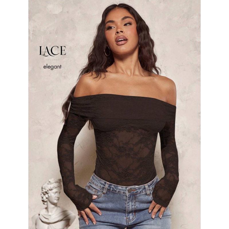 E 64183 Off-shoulder Long Sleeve 一字肩修身长袖衫跨境速