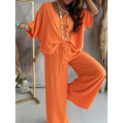 T 88630 V Neck Batwing Sleeve Wide Leg Set 休闲阔腿裤套装