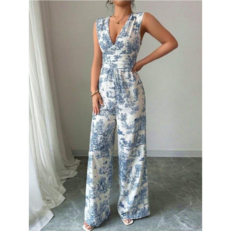 R 58433 Elegant Blue Floral Wide Leg Jumpsuit 青花瓷连体裤