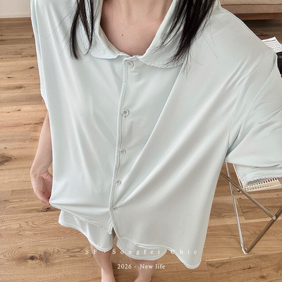 冰丝睡衣女夏狗牙娃娃领套装宽松