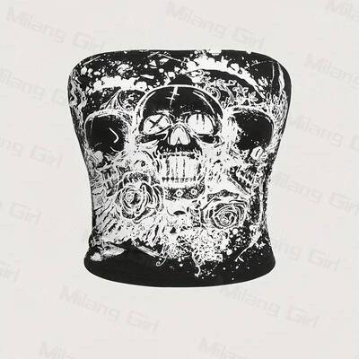 Womens Casual Ladies Skull & Floral Print Crop Bandeau Tube