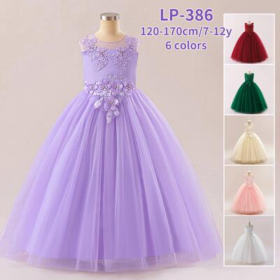girls solid floral faux pearls decor appliques tulle dress