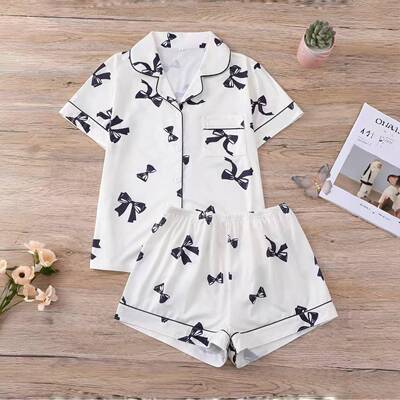Two Set Women Bow Print Sleeve Tee Elastic Waist Shorts