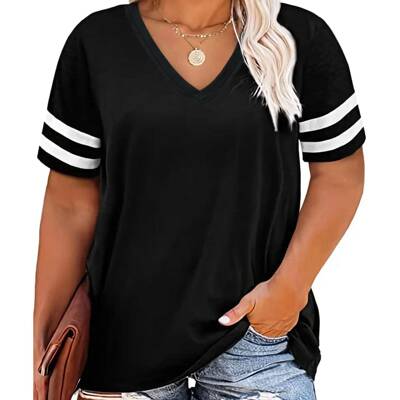 Women Contrast Striped Print V Neck Tee Casual Aesthetic