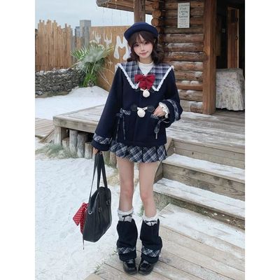 冬日恋歌 秋冬学院风藏青色宽松海军领毛呢外套格纹百褶裙两件套