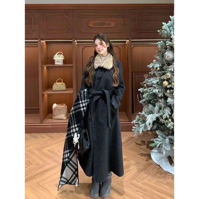 雾岛伦敦 韩版简约气质毛领外套冬新款小众赫本高级感收腰大衣女