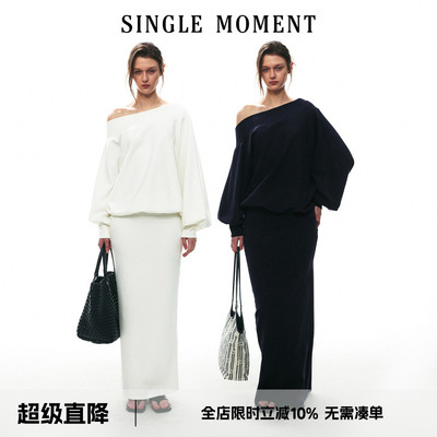 SINGLE MOMENT 26AW法式简约一字领斜肩宽松套头针织长袖卫衣女秋