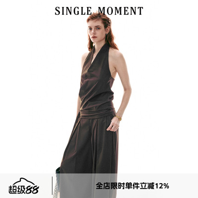 SINGLE MOMENT 26SS法式挂脖露背无袖上衣吊带背心风琴褶西裤套装