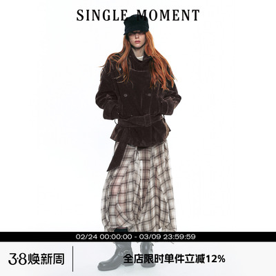 SINGLE MOMENT 25AW法式复古植绒大立领短款双排扣系腰风衣外套女