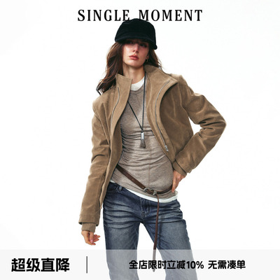 SINGLE MOMENT 25AW法式复古绒感斜门襟立领短款夹克长袖外套女
