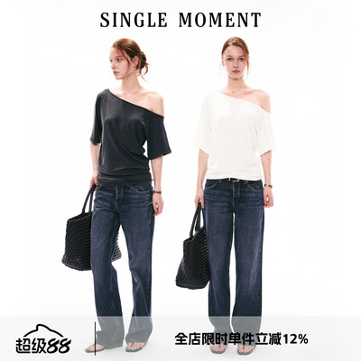 SINGLE MOMENT 26SS法式夏季帆船领斜肩宽松T恤露肩短袖上衣女