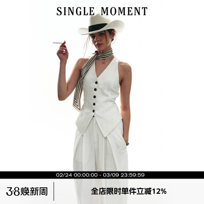 SINGLE MOMENT25SS秋季新款法式v领无袖设计休闲修身马甲白色套装
