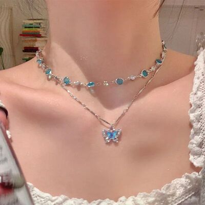 Romantic Blue Crystal Butterfly Necklace for Women Girls