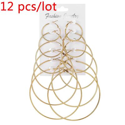 12pcs/lot Women's Hoop Earrings Gold Color Round Large