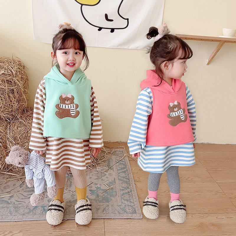 HULU原创童装春秋新款洋气卫衣两件套可爱小熊连衣裙幼儿园女