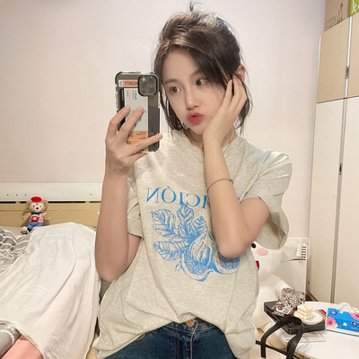 高版 韩国设计师2025春季新款复古宽松FIG无花果图案tee短袖t恤女