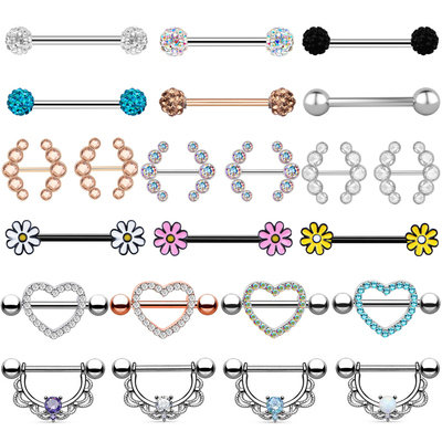 2pcs Titanium Nipple Piercing Heart Barbell 14G Opal Nipple