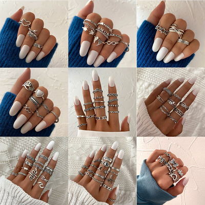 Vintage Silver Color Multi-Shape Rings Set For Women