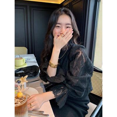 DORACTR 法式蕾丝镂空长袖打底衫女2025新款秋季别致内搭黑色上衣