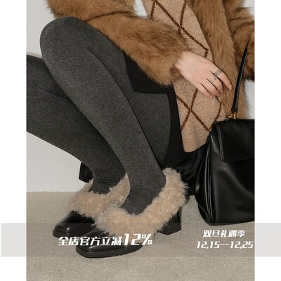 FairyWink 小众设计～！粗跟保暖毛毛小皮鞋女深口乐福鞋高跟单鞋