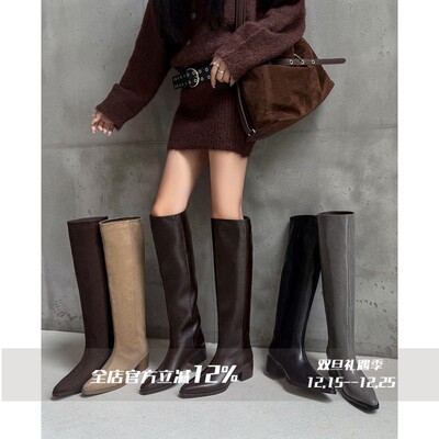 FairyWink 格林日记～！尖头粗跟绒面骑士靴女显瘦宽筒不过膝长靴