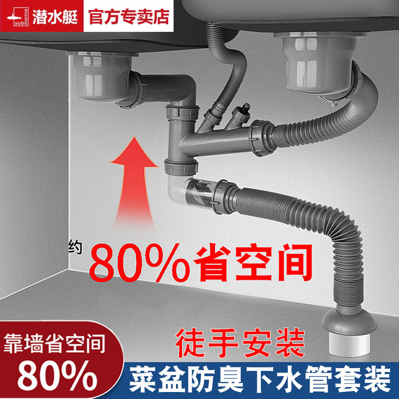 潜水艇厨房洗菜盆下水管配件排水管全套防反臭下水器套装加长软管