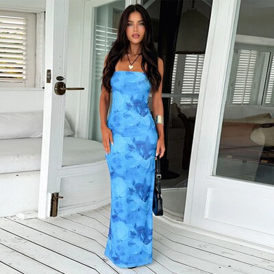 风抹胸性感露背印花连衣裙女2025欧美新款辣妹时尚长裙xy25007