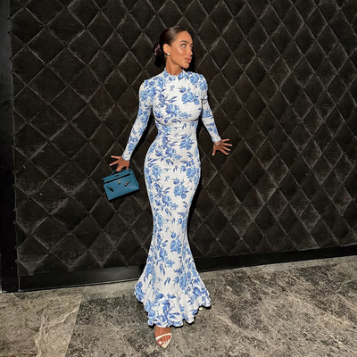 yj25274半高领长袖印花鱼尾连衣裙女欧美秋季新款辣妹长裙