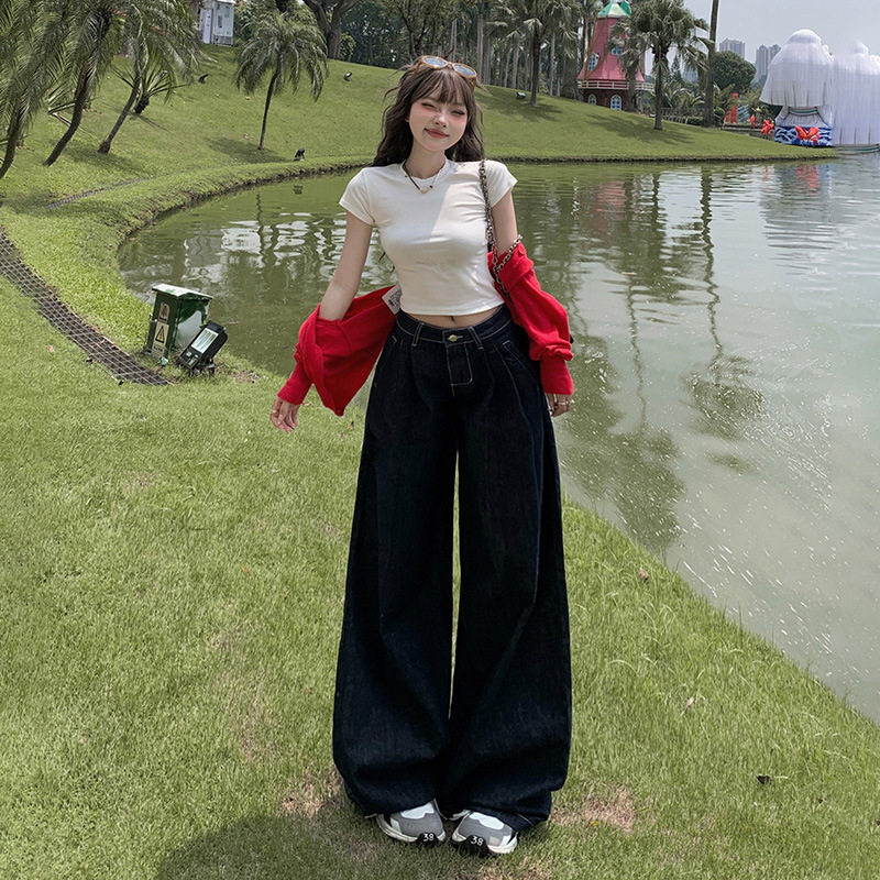 美式复古高腰宽松阔腿裤垂感百搭褶皱直筒牛仔裤女&长裤加长