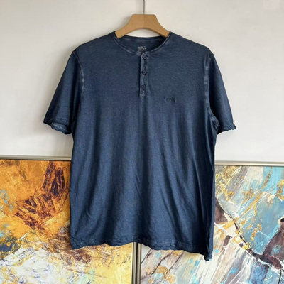 复古亨利领三扣纯棉T恤做旧