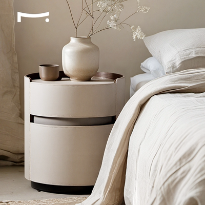 某某严选意式极简创意圆筒设计师卧室马鞍皮高级床头柜轻奢收纳柜