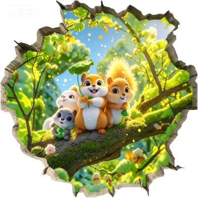 3D立体视觉效果森林呆萌松鼠墙贴画卧室温馨防水自粘贴纸冰箱贴花