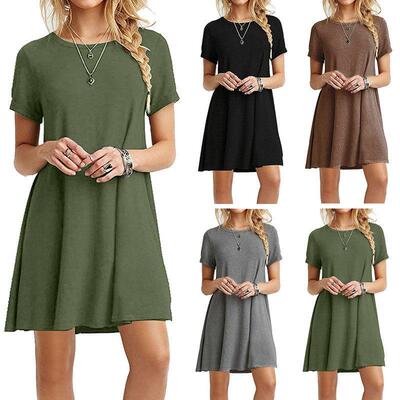 Women Solid Green Brown Dress Short sleeve female casual Loo