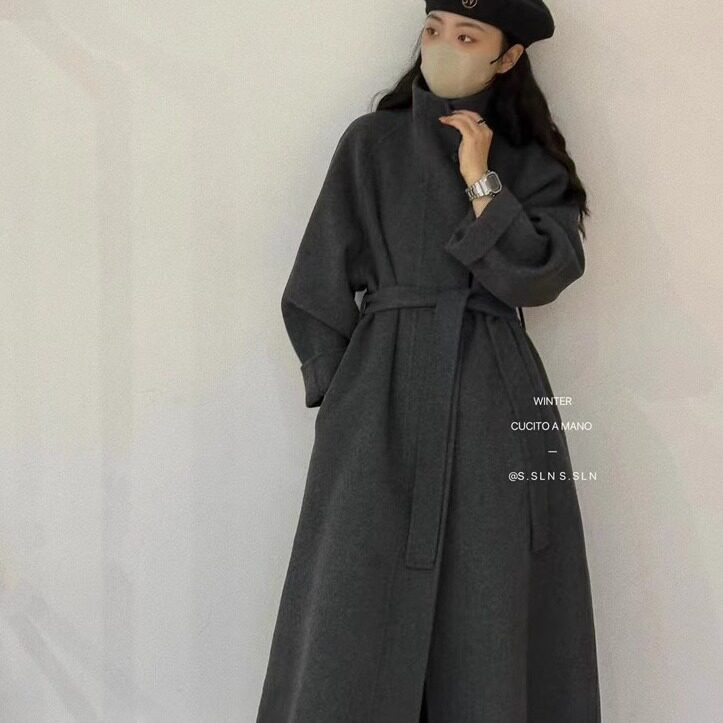 法国chrry koop立领单排扣大袖口双面羊绒大衣美拉德系腰带加厚