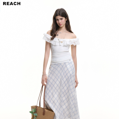 REACH设计感白色一字肩荷叶边上衣女夏季新款收腰显瘦百搭短袖