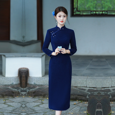 蓝色加厚冬装旗袍胖mm大码高级感