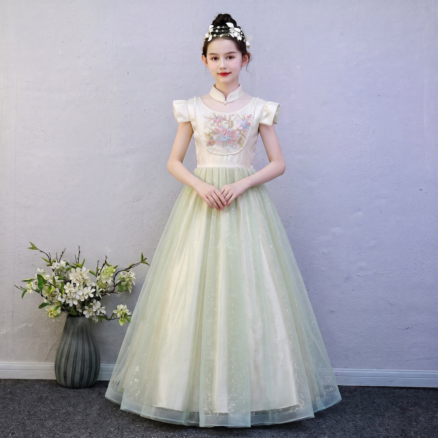 艾莎公主女童夏季短袖网纱连衣裙梦幻风演出服高端礼服古筝演出服