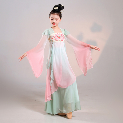 儿童中国舞蹈服飘逸齐胸汉唐纱衣女童古典舞扇子舞演出服装大摆裙