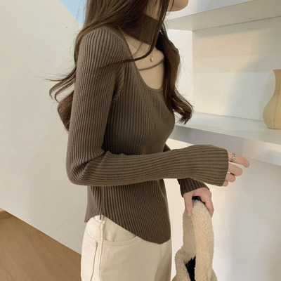 时尚品牌春秋季谨慎锁骨暴露针织下装衬衫与设计感的妇女和修身毛