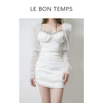LE BON TEMPS蕾丝泡泡袖抽褶水钻礼服连衣裙c800657