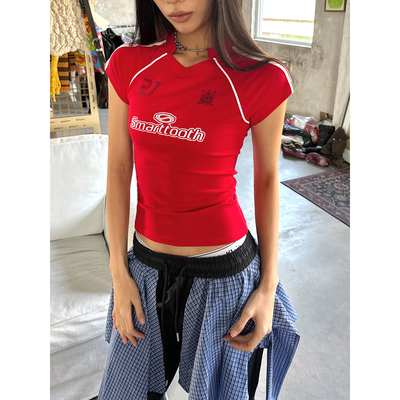 日本offcat复古红色足球宝贝球衣短袖 jennie同款紧身短t恤女夏季